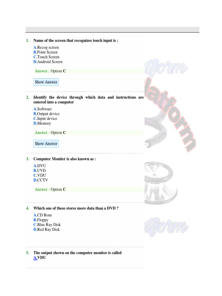 Computer 1st Semester BSN Sample Mcqs With Key, Educational Platform | PDF | Computer Data ...