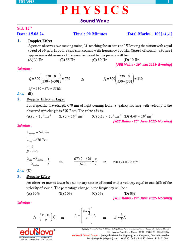 Ans & Sol - Sound Wave - 18-6-24 | PDF | Sound | Doppler Effect