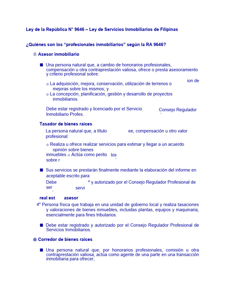 RA 9646 Ley de Servicios Inmobiliarios | PDF | Tasador | Bienes raíces