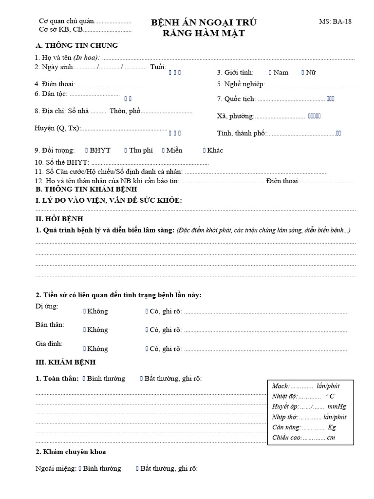 BA-18. Benh An Ngoai Tru RHM | PDF