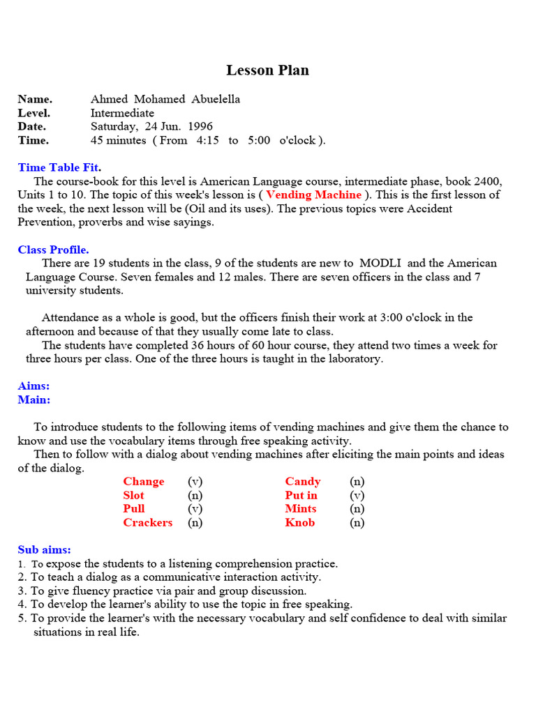 Lesson Plan, Inter, Vending Machines | PDF | Candy | Vocabulary