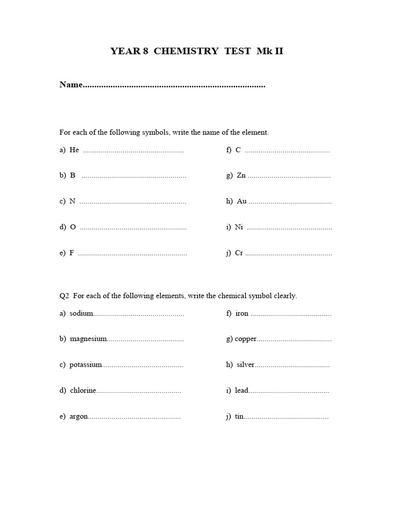 Year 8 Chemistry Test MK II | Download Free PDF | Chemical Elements ...