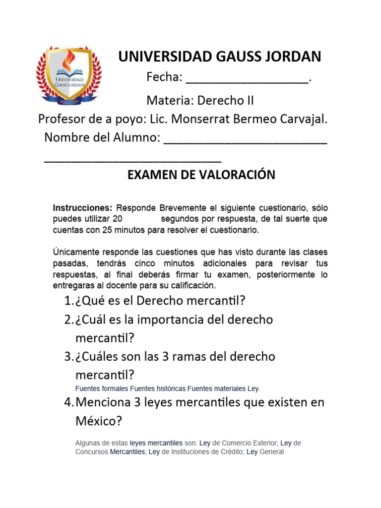 Respuestas de Examen de Valoracion Bachilleres Derecho 2 | PDF ...