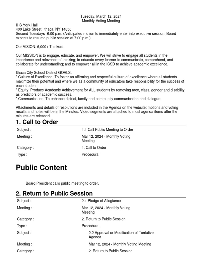 ICSD BOE - Monthly Voting Meeting-03-12-2024 | PDF | Bonds (Finance) | Agenda (Meeting)