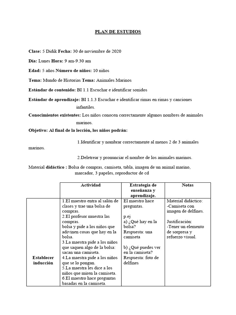 Plan de Lección de Inglés para Preescolar | PDF | Enseñando