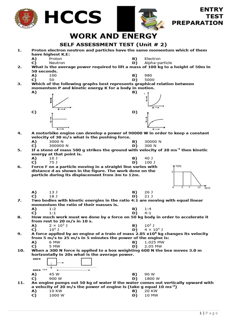 UNIT 2 (WORK AND ENERGY) Physics (Self Assessment) 2 | PDF | Force | Kinetic Energy