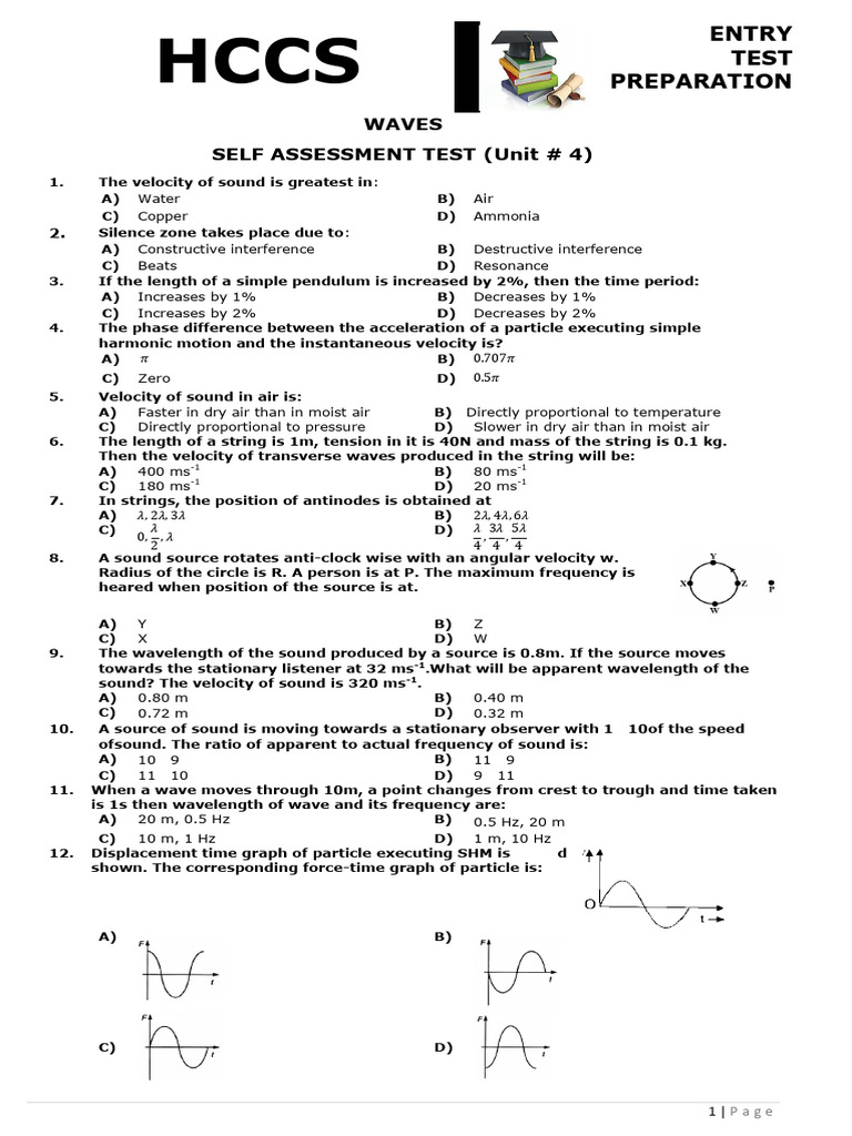 UNIT 4 (WAVES) Physics (Self Assessment) 4 | PDF | Waves | Sound