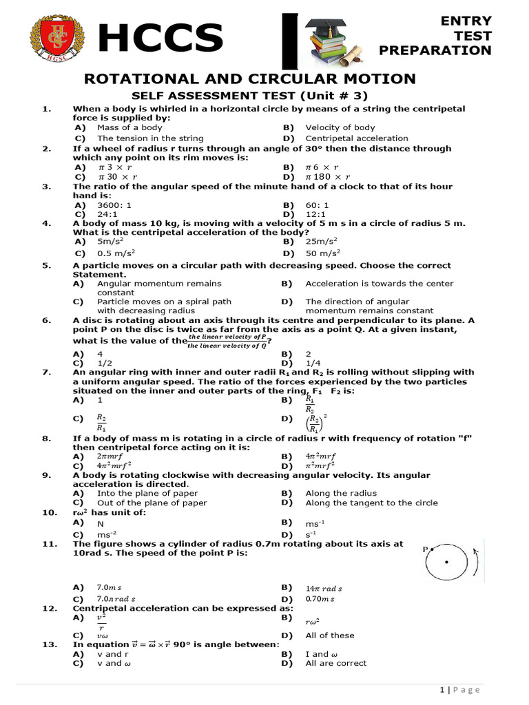 UNIT 3 (ROTATIONAL AND CIRCULAR MOTION) Physics (Self Assessment) 3 ...