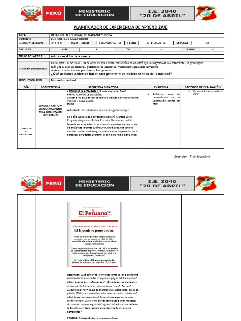 PLANIFICADOR EDA 8 - DPCC.3 SEM36 (20 de abrilVBIM) | PDF | Perú | Democracia
