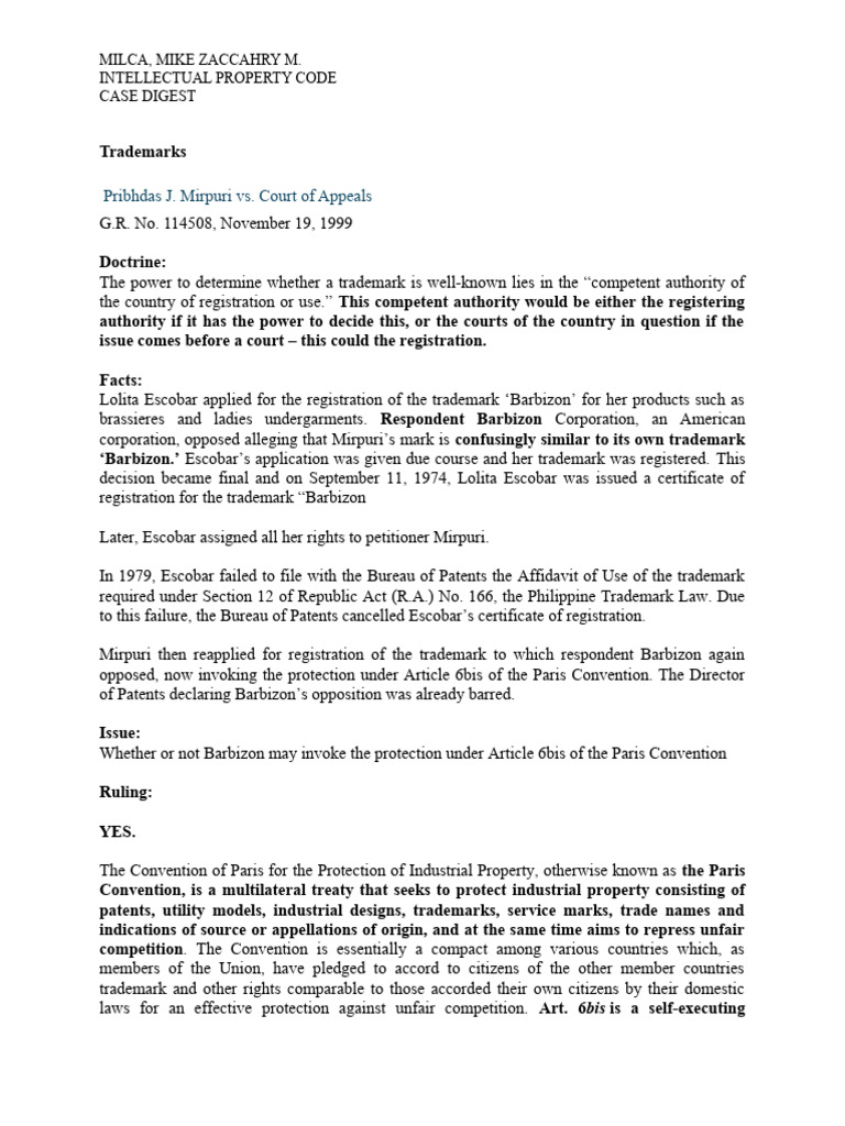 Trademarks - CASES | PDF | Trademark | Treaty