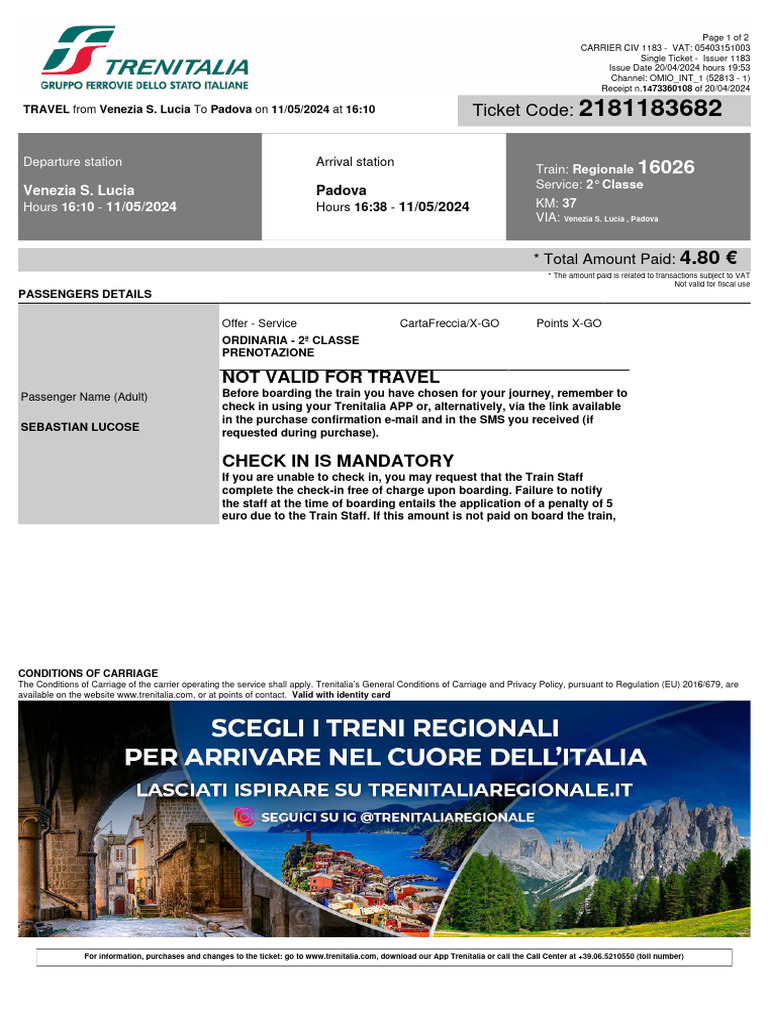 Venice To Padova Train | PDF | Value Added Tax | Receipt