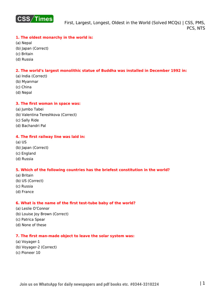 First, Largest, Longest, Oldest in The World (Solved MCQS) - CSS, PMS, PCS, NTS-1 | PDF | Young ...