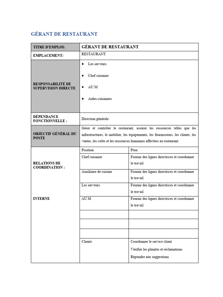 Fiche de poste : Gérant de restaurant | PDF | Restaurants | Cuisine