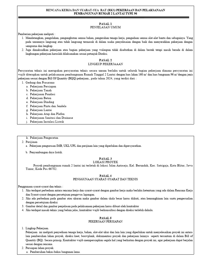 Contoh RKS Bangunan Rumah Tinggal 2 Lantai | PDF | Griya & Taman ...