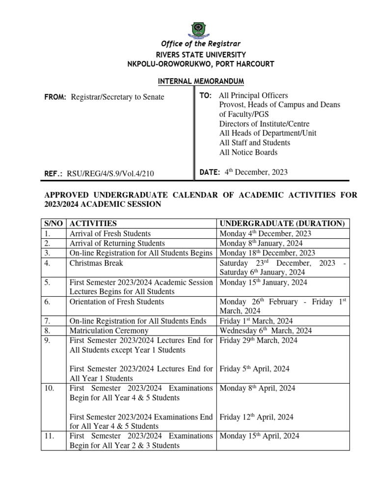 RSU Academic Calendar 2023/2024 | PDF | Academic Term | Academia