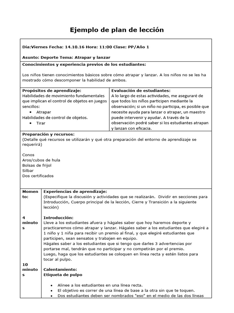 Ejemplo de Plan de Lección Hpe | PDF | Evaluación