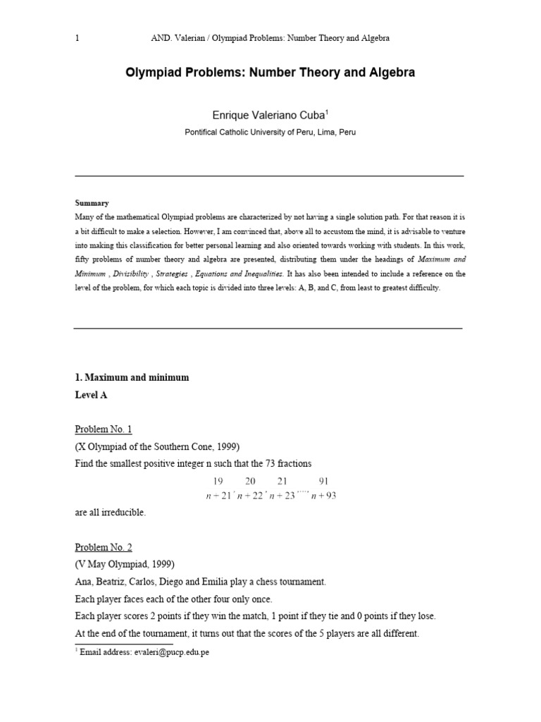 Enrique Valeriano Cuba - Olympic Problems Number Theory and Algebra ... Enrique Valeriano Cuba - Olympic Problems Number Theory and Algebra ...