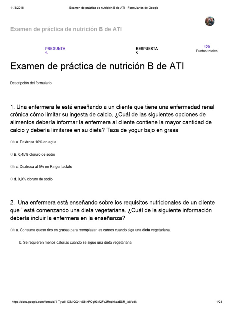 Examen de Práctica de Nutrición B de ATI: Formularios de Google PDF | PDF | Nutrición | Dieta y ...