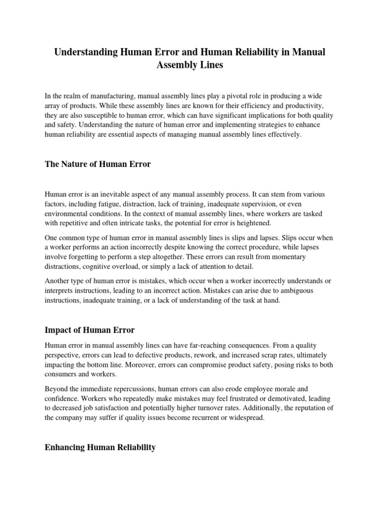 Understanding Human Error and Human Reliability in Manual As | PDF ...