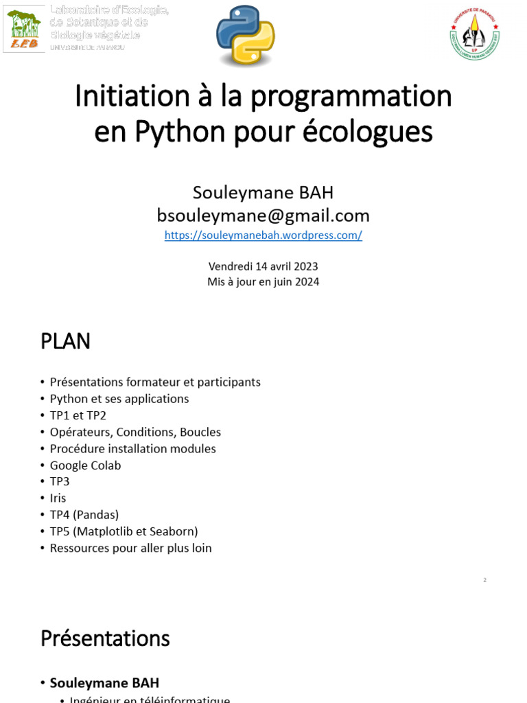 Initiation Programmation Python Ecologues - Diapos v2 MAJ | PDF ...