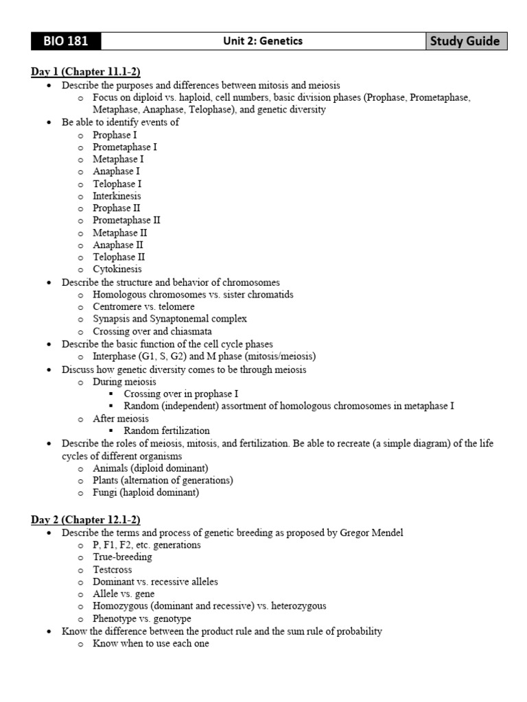 Unit 2 Study Guide | PDF | Meiosis | Dna Replication