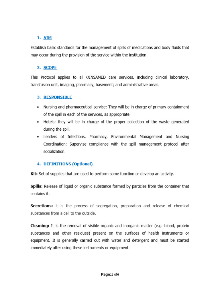 Fluid and Medication Spill Protocol | PDF | Personal Protective Equipment | Disinfectant