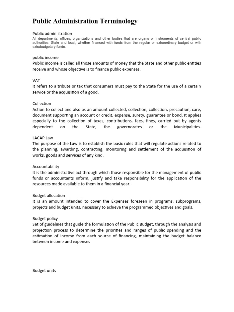 Public Administration Terminology | PDF | Budget | Expense