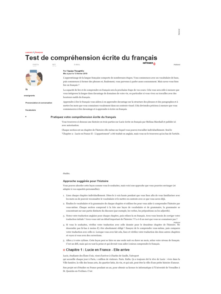 Test de Compréhension Écrite Du Français | PDF | Langue française ...