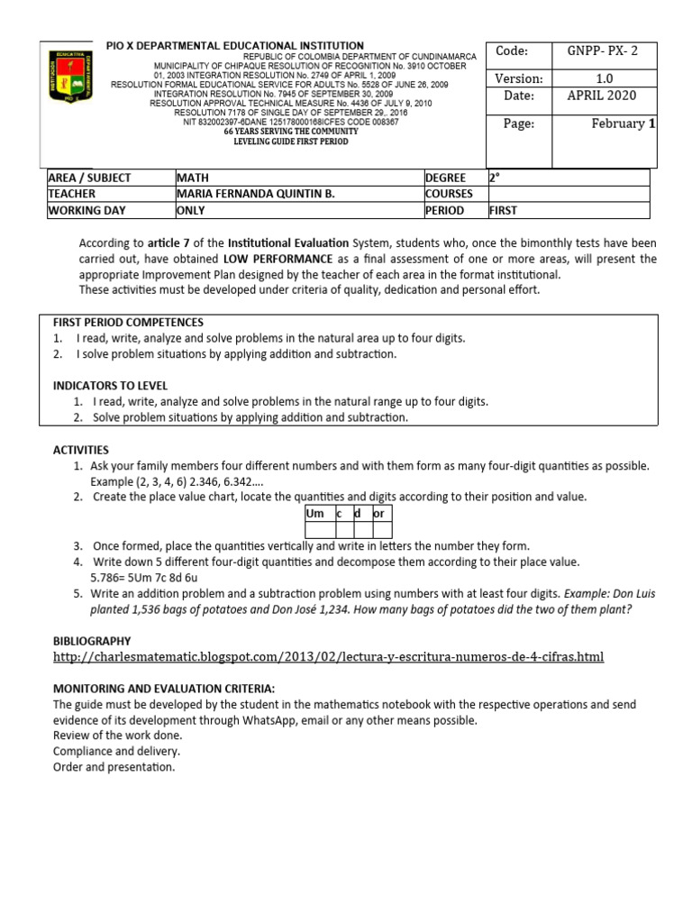 Mathematics Improvement Plan 2nd-First Period 2020 | PDF