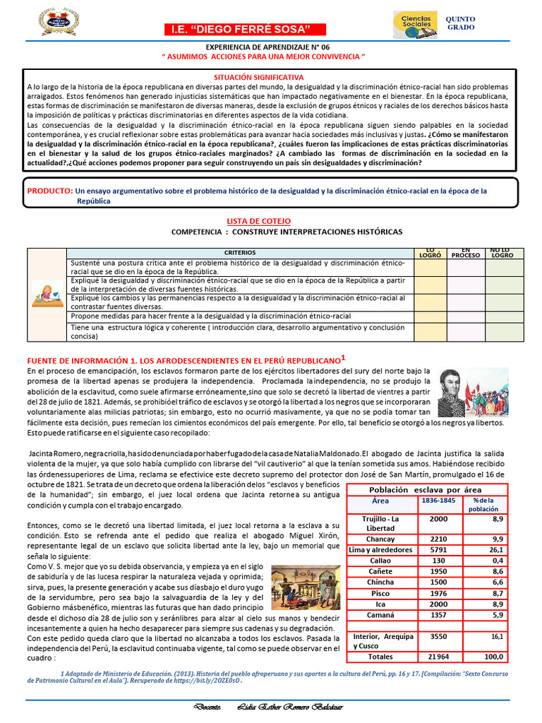 Experiencia de Aprendizaje 06-CCSS - Quinto-2024 | PDF | Esclavitud | Discriminación