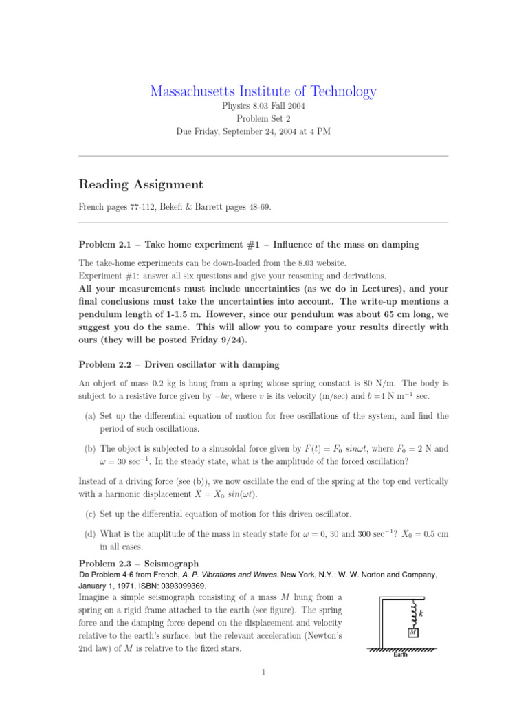 Massachusetts Institute of Technology: Reading Assignment | PDF | Oscillation | Damping