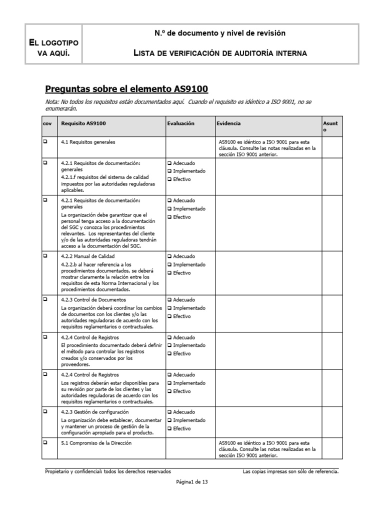 Lista de Verificación de Auditoría Interna - AS9100 | Descargar gratis PDF | Calidad (comercial ...