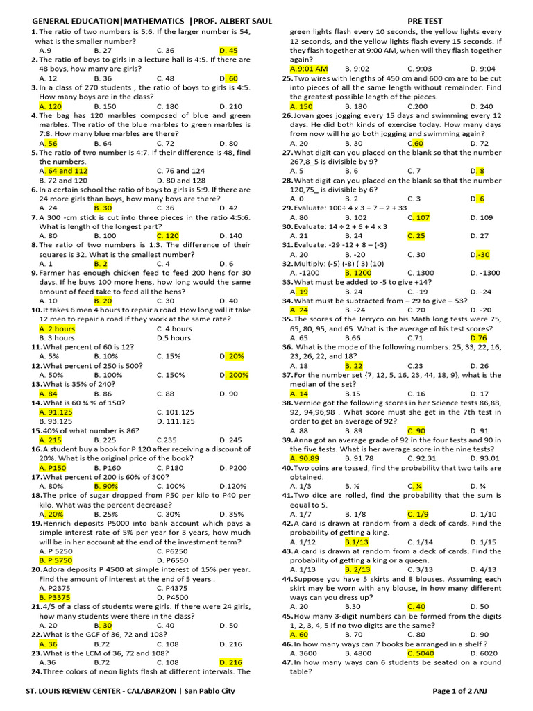 Math Pre-Test Questions and Answers | PDF | Area | Mathematics
