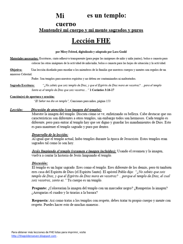 Mi Cuerpo Es Un Templo: Mantendré Mi Cuerpo y Mi Mente Sagrados y Puros Lección de FHE | PDF ...