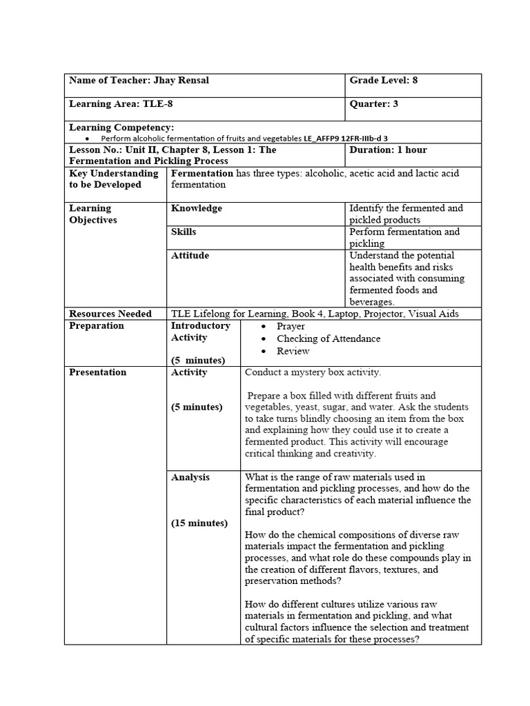 8B Q3 Iplan | Download Free PDF | Fermentation | Pickling