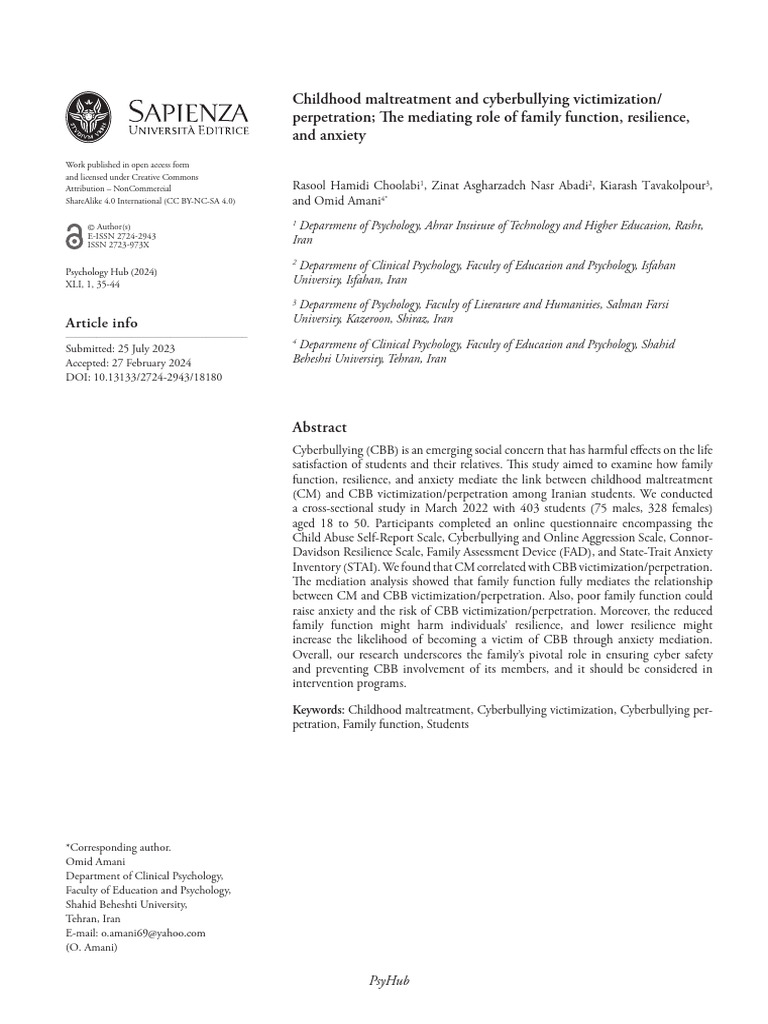 6341 41 1 2024 Psy Hub 04 Choolabi Et Al PP 35 44 V2 | PDF | Psychological Resilience | Child Abuse