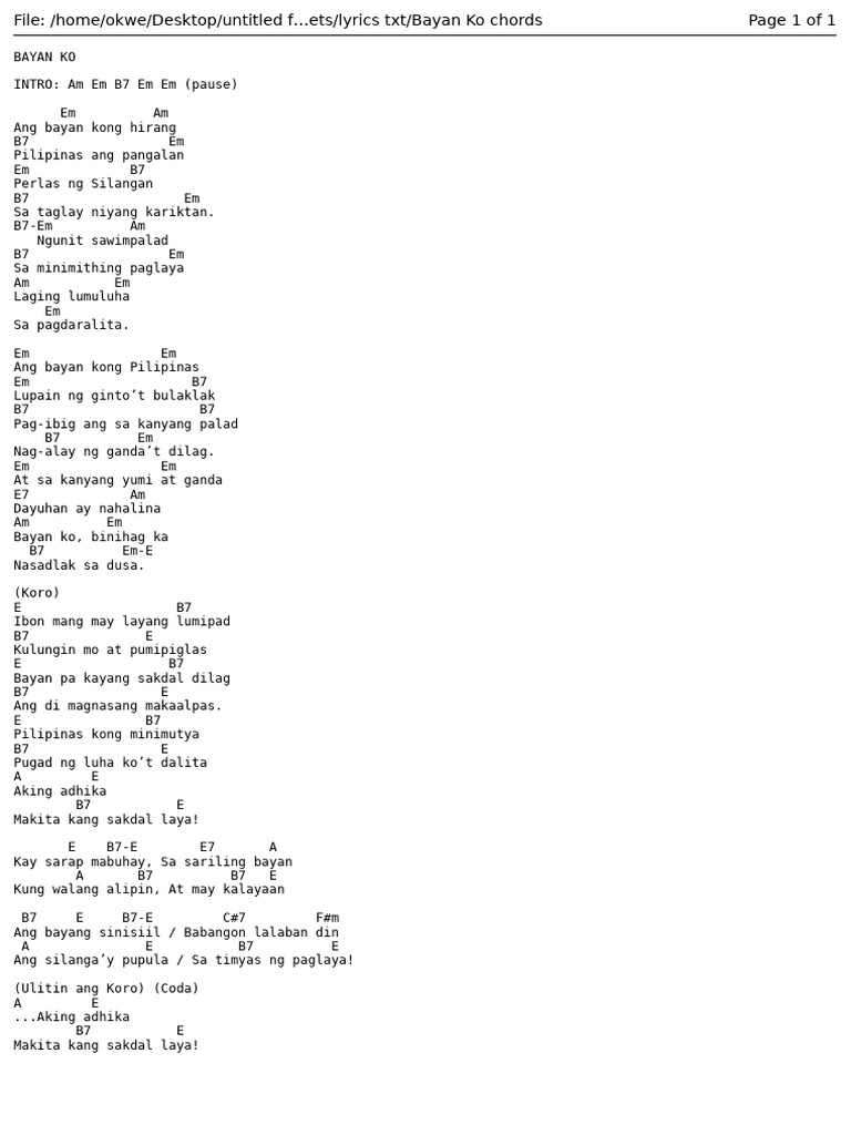 Bayan Ko With Chords | PDF