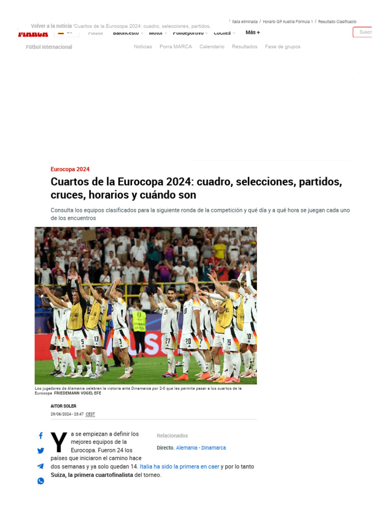 Cuartos de La Eurocopa 2024 - Cuadro, Selecciones, Partidos, Cruces, Horarios y Cuándo Son ...