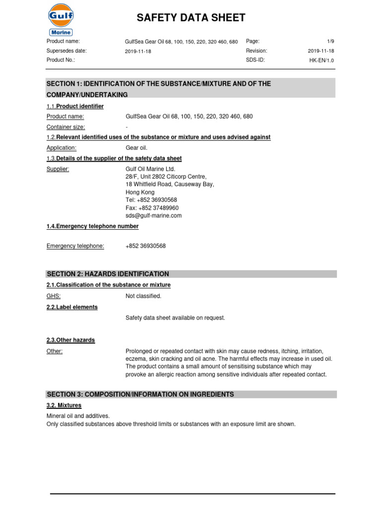 GulfSea Gear Oil MSDS Overview | PDF | Safety | Occupational Safety And ...
