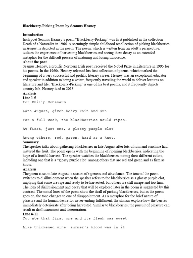 Blackberry Picking Poem Notes | PDF | Experience | Poetry