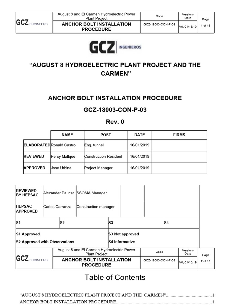 Anchor Bolt Installation Procedure | PDF | Occupational Safety And ...