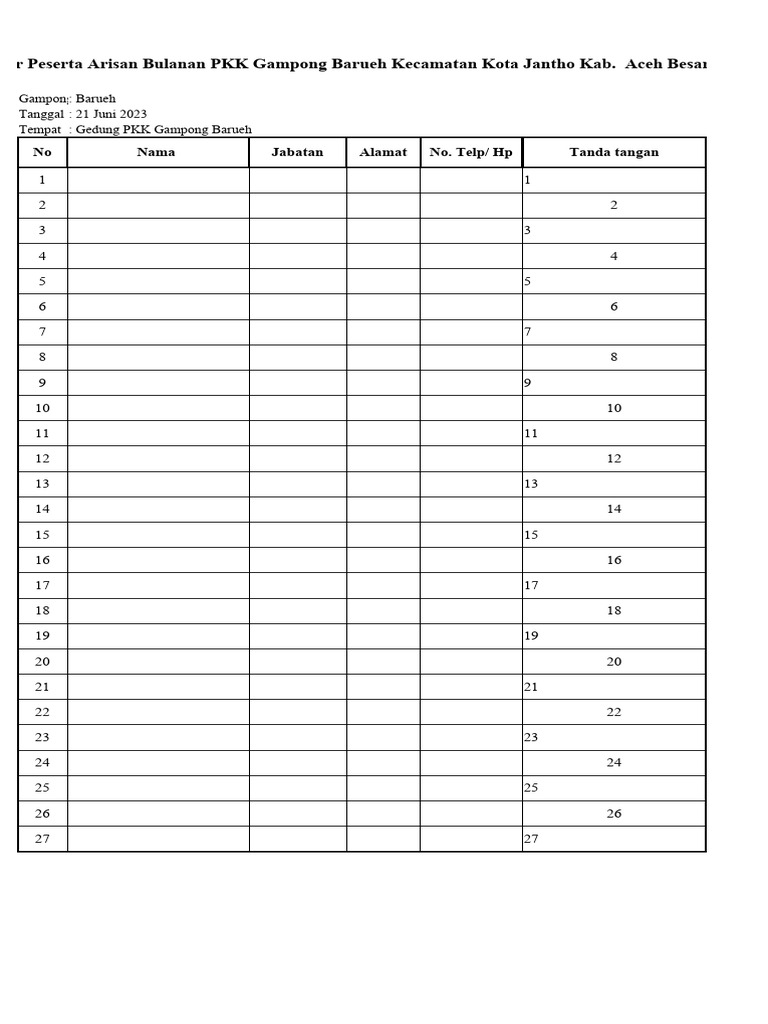 Absen Hadir Arisan PKK | PDF