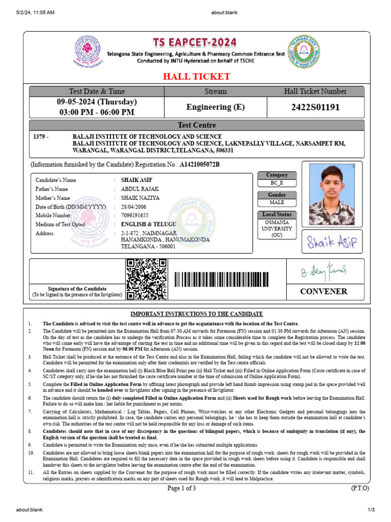 TS Eamcet Hallticket | PDF | Identity Document
