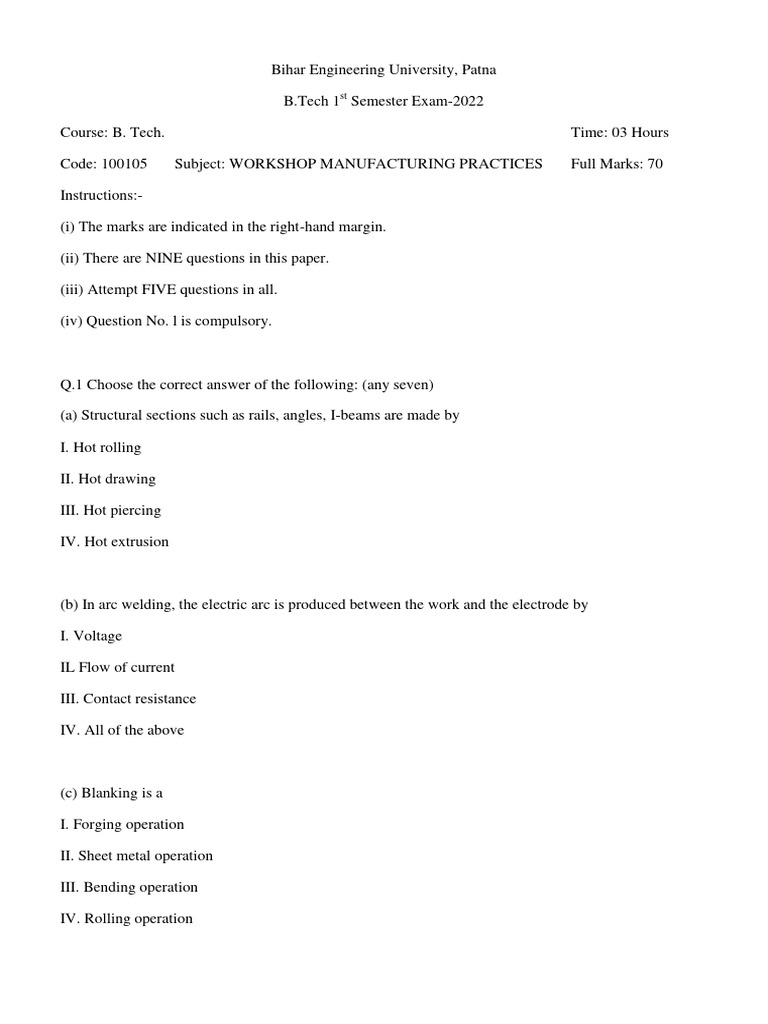 Workshop Manufacturing Practices Exam 2022 | PDF | Welding | Construction