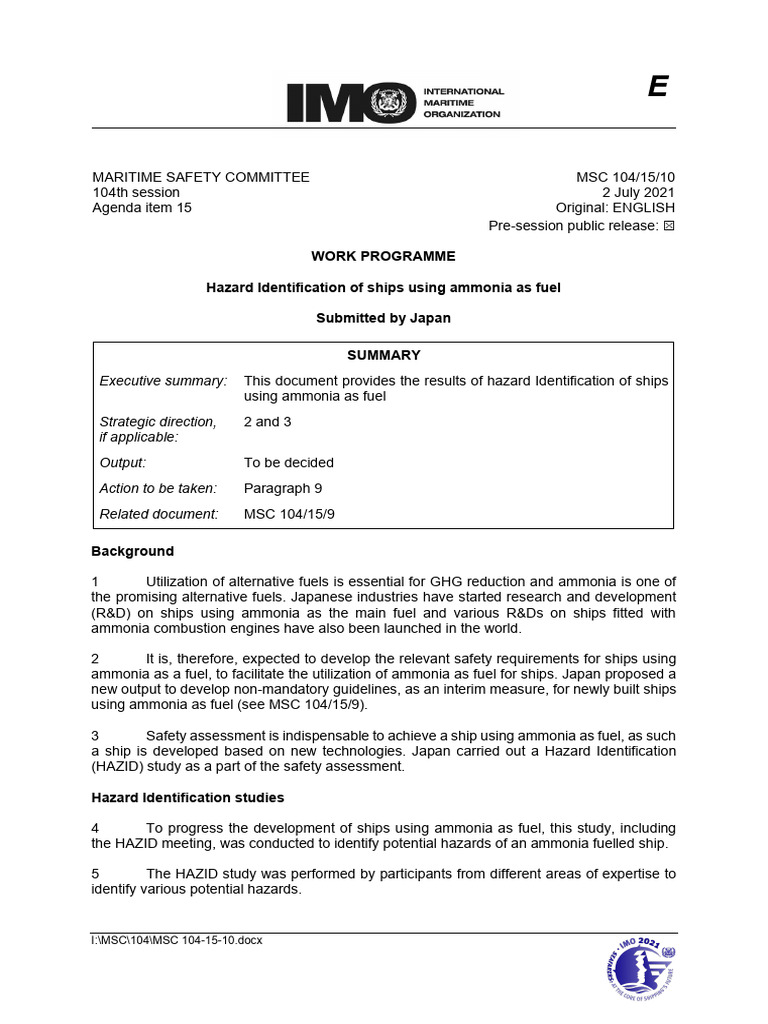 MSC 104-15-10 - Hazard Identification of Ships Using Ammonia As Fuel ...