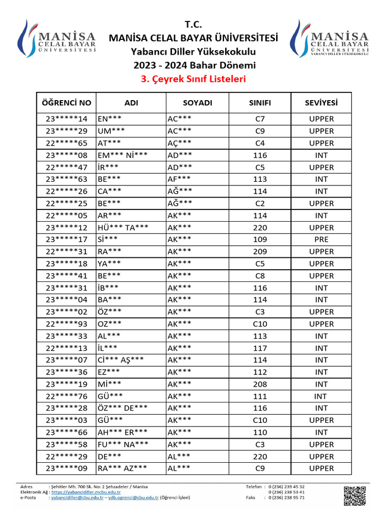 2023 24 Bahar Donemi 3. Ceyrek Sinif Listeleri | PDF