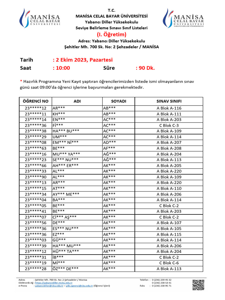 2 Ekim Seviye Belirleme Sinif Listeleri I Ogretim | PDF