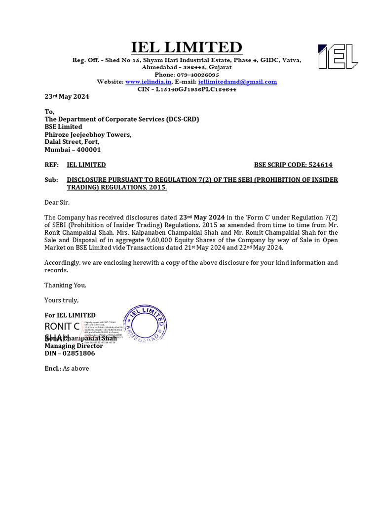 Iel Limited: Ronit C Shah | PDF | Stock Market | Business Law