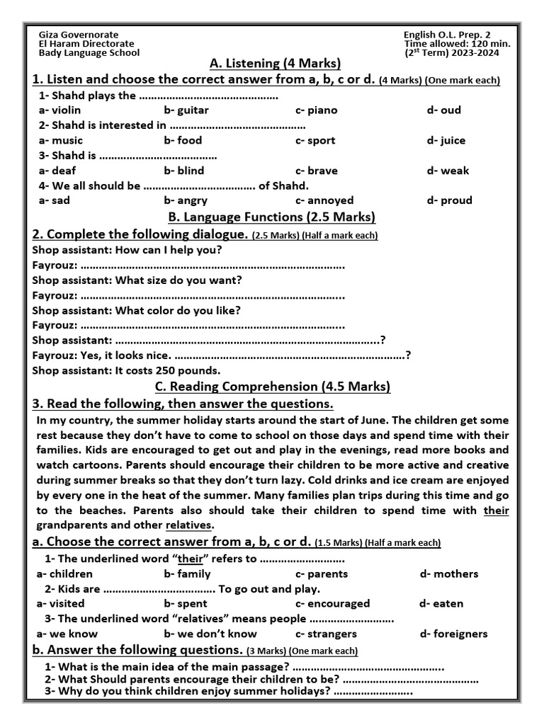 New Hello Final Exam 2nd Term Prep 2 Sample 2 | PDF