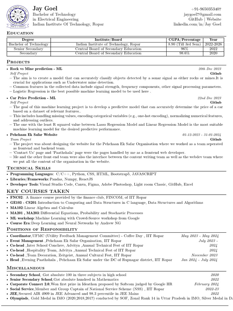 CV Jay Goel IITRPR | PDF | Regression Analysis | Machine Learning